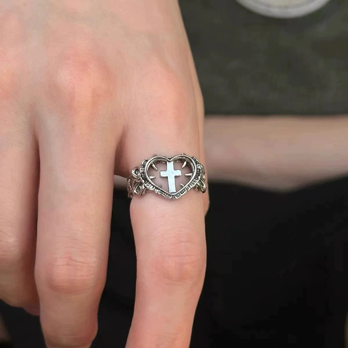 Goth Spiked Heart Cross Ring - Litlookz Studio