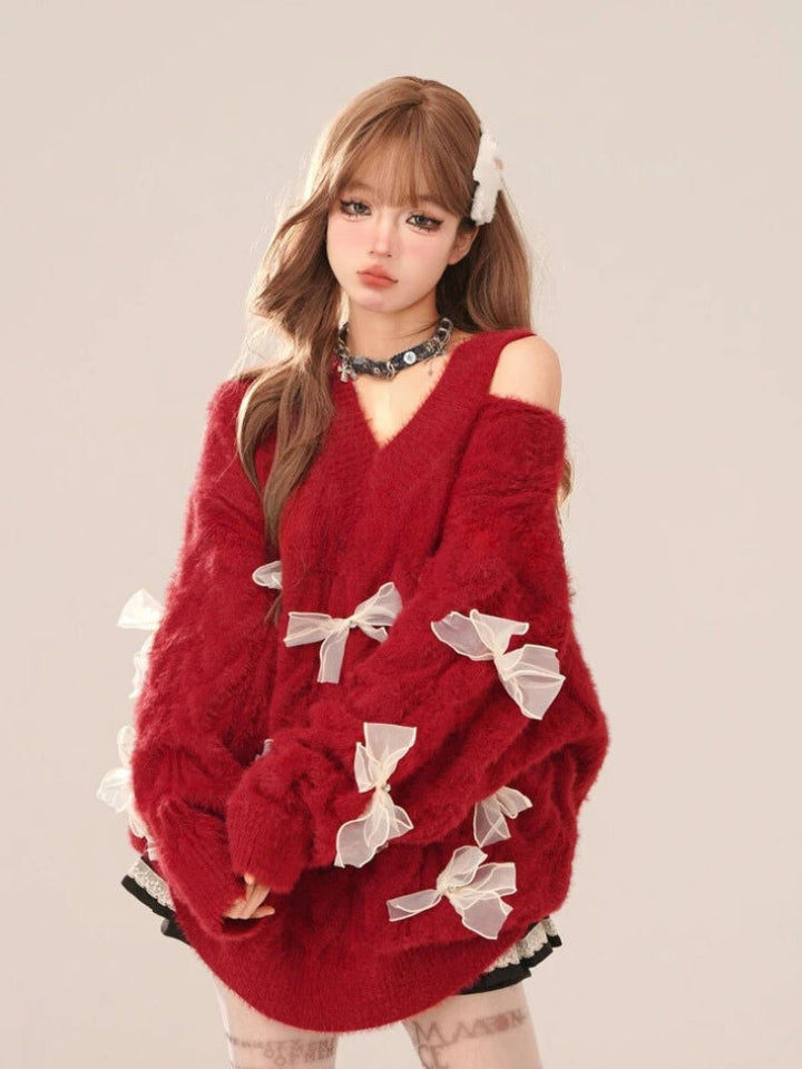 Bow Cut Out Fluffy Sweater - Litlookz Studio