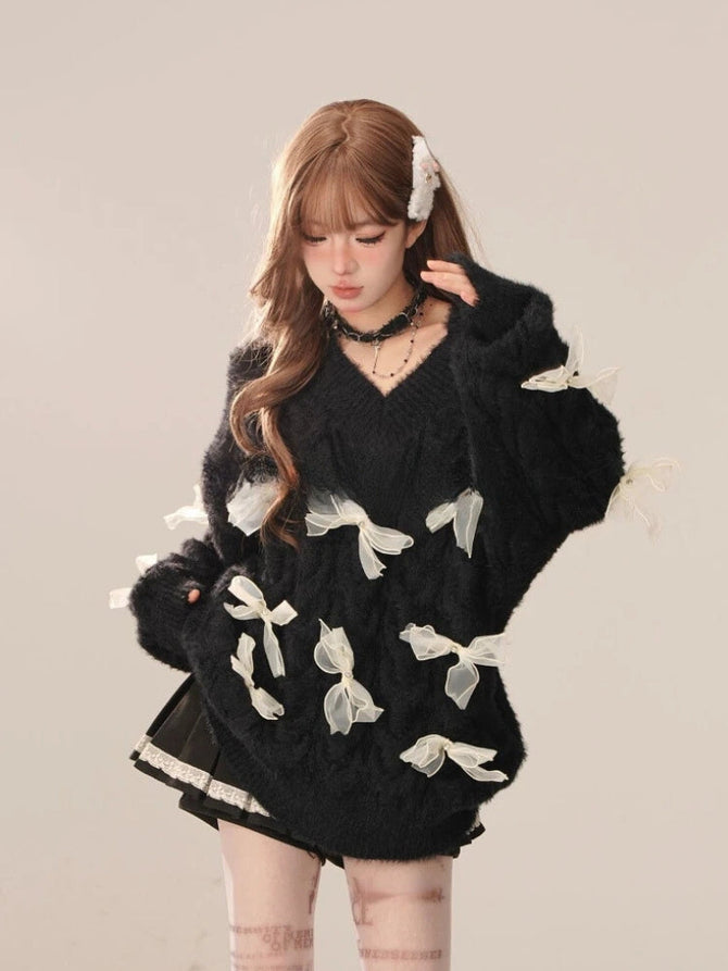 Bow Cut Out Fluffy Sweater - Litlookz Studio