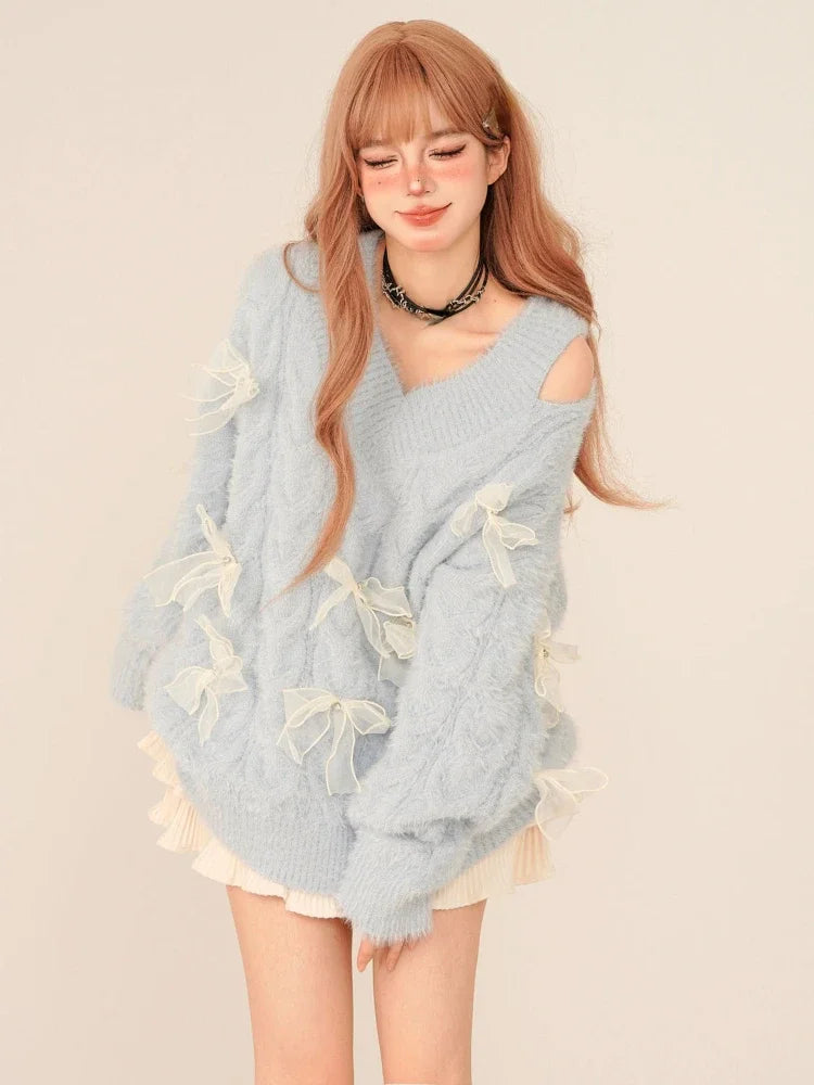 Bow Cut Out Fluffy Sweater - Litlookz Studio