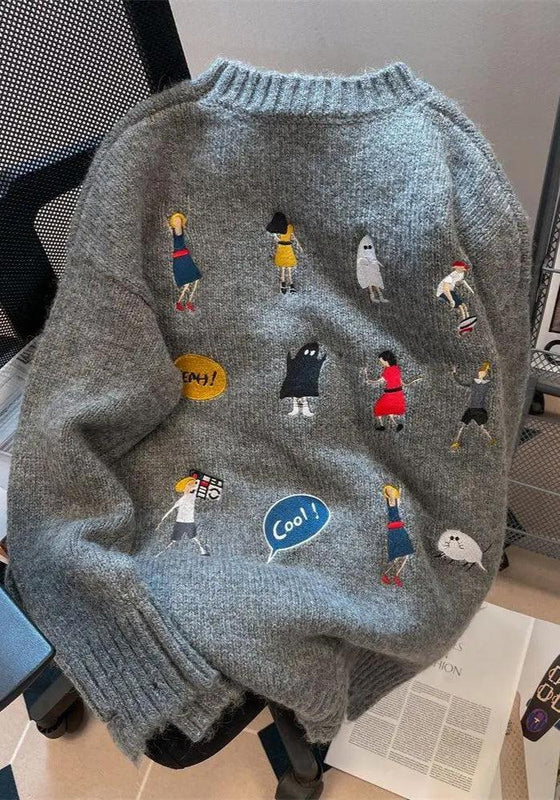 Cartoon Embroidered Knitted Sweater - Litlookz Studio