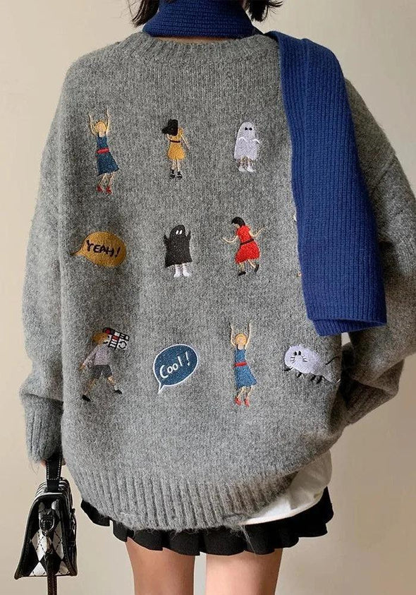 Cartoon Embroidered Knitted Sweater - Litlookz Studio