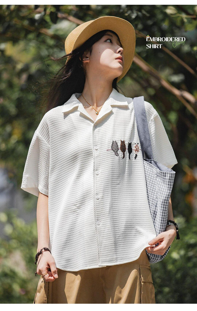 Cat Embroidered Shirt - Litlookz Studio