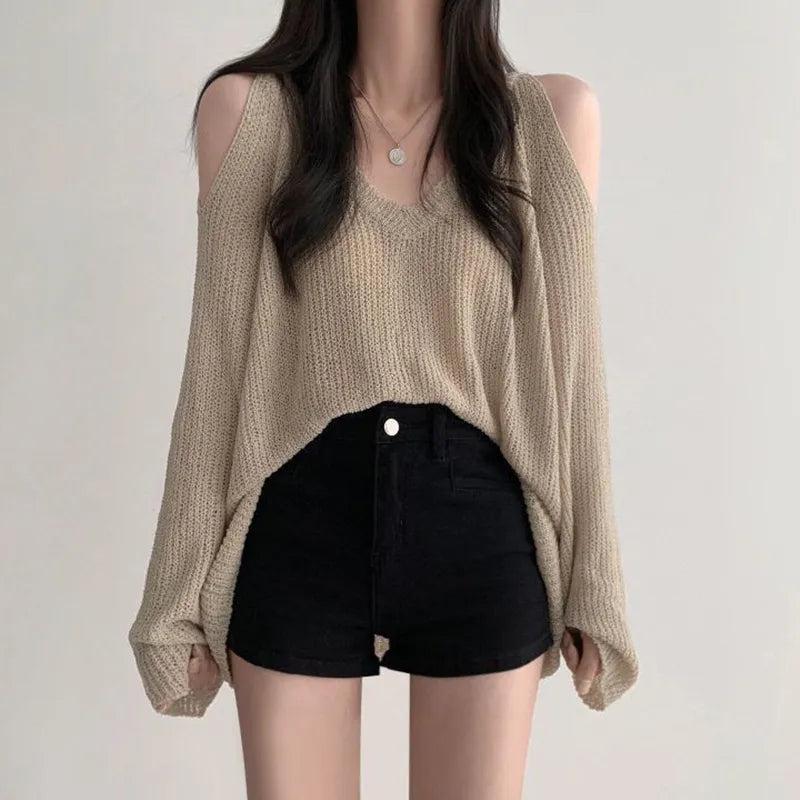 Cut-Out Shoulder Loose Knit Sweater - Litlookz Studio