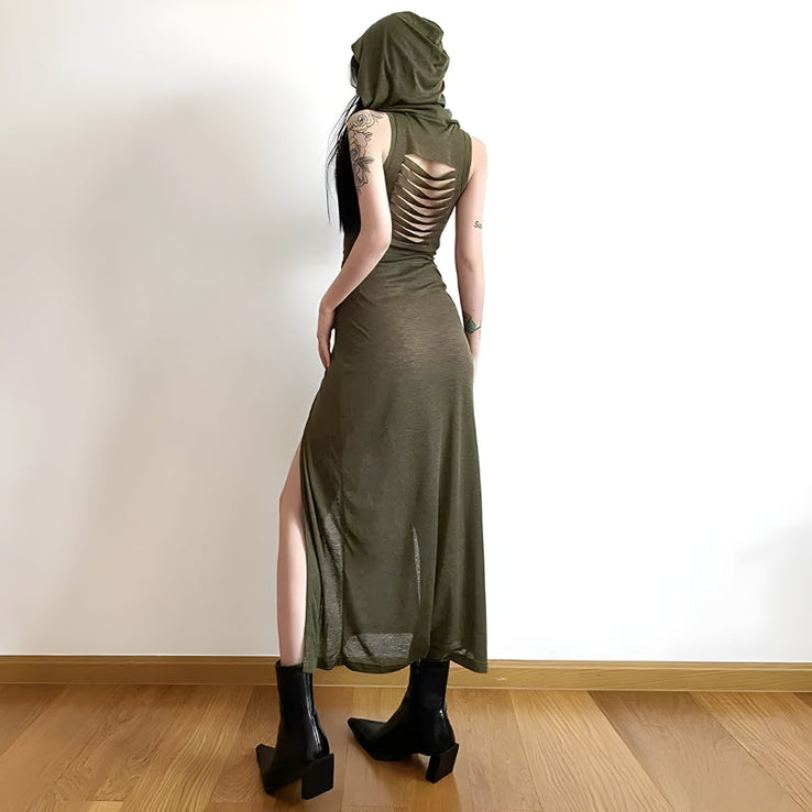 Goth Hooded Cut Out Back Midi Dress - Litlookz Studio