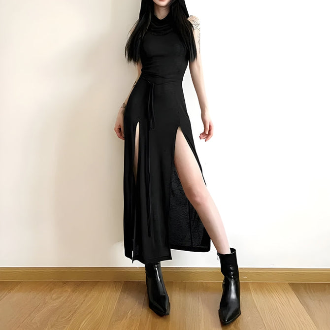 Goth Hooded Cut Out Back Midi Dress - Litlookz Studio