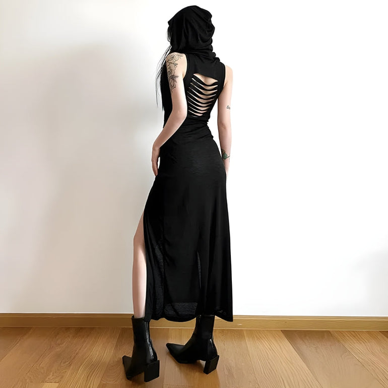 Goth Hooded Cut Out Back Midi Dress - Litlookz Studio