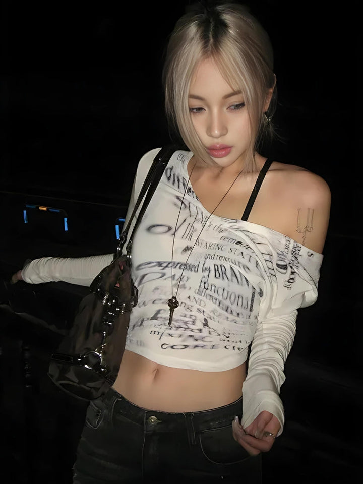 Grunge Blur Letter One Shoulder Top - Litlookz Studio