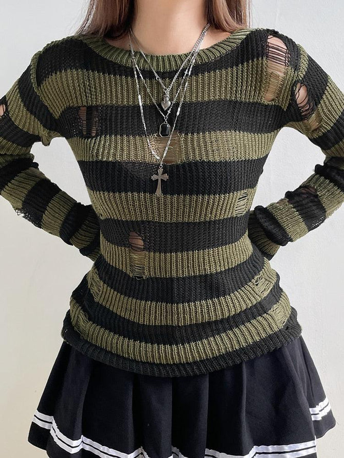 Grunge Distressed Striped Sweater - Litlookz Studio