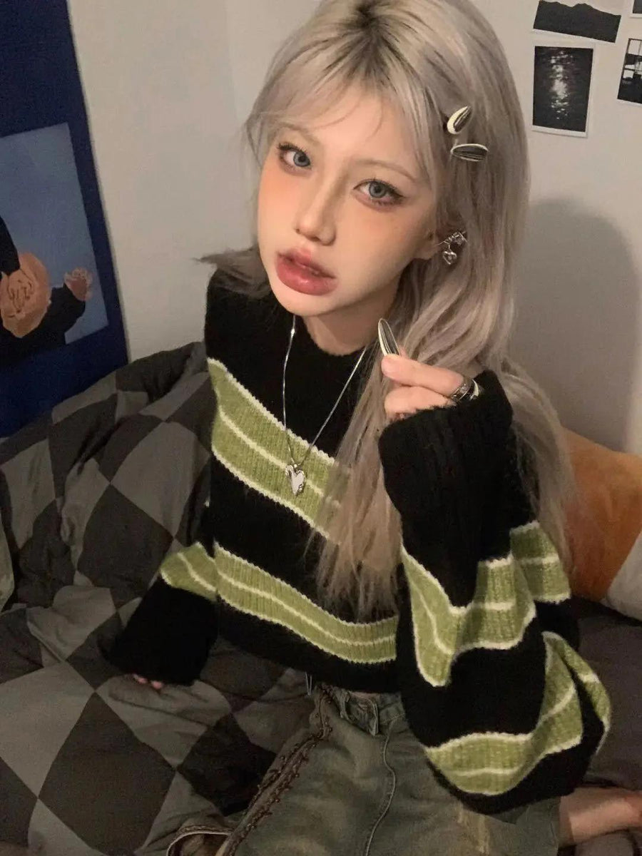 Grunge Green Striped Crop Sweater - Litlookz Studio