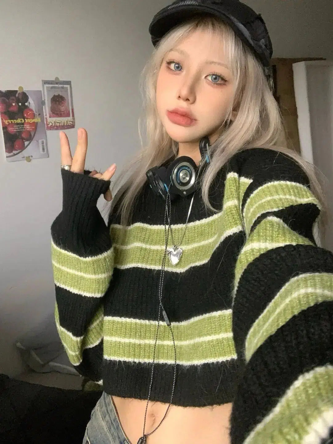Grunge Green Striped Crop Sweater - Litlookz Studio