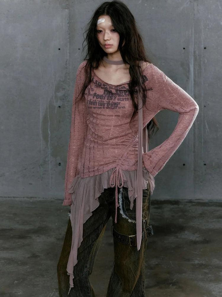 Grunge Neck Tie Ruffled Top - Litlookz Studio
