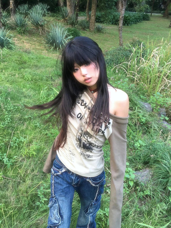 Grunge One Shoulder Drawstring Top - Litlookz Studio