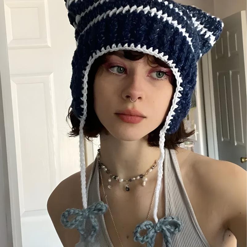 Kawaii Cat Ear Knitted Beanie Navy