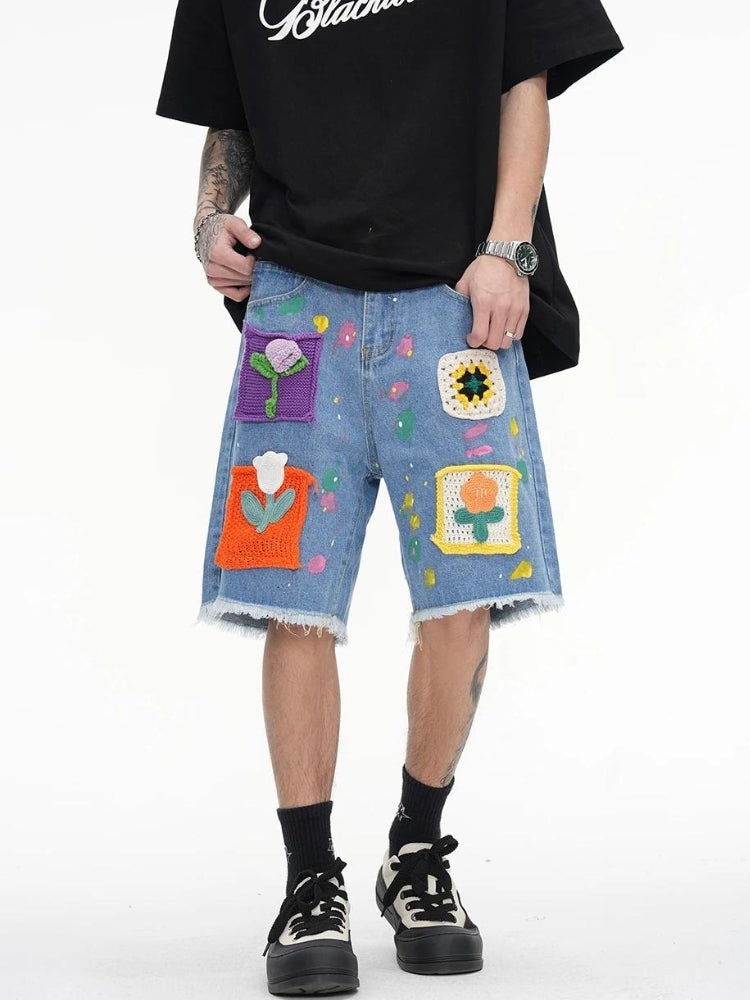 Knitted Flower Patch Denim Shorts - Litlookz Studio