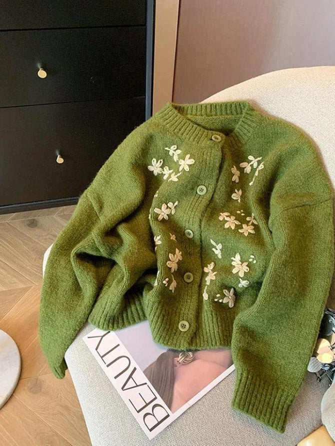 Vintage Daisy Embroidered Knitted Cardigan - Litlookz Studio