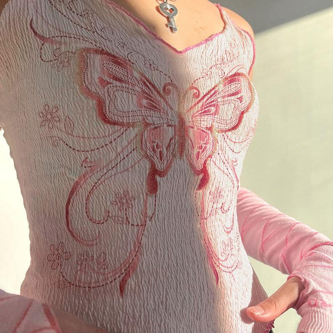Y2K Butterfly Pink Crop Top - Litlookz Studio