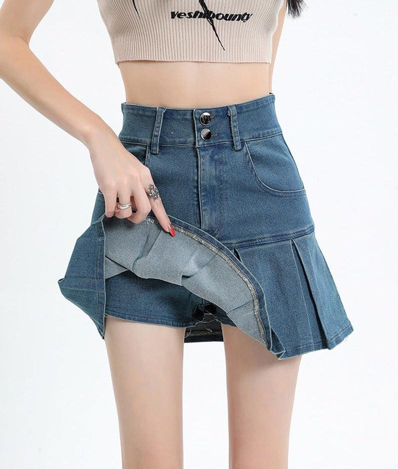 Y2K Pleated Jean Mini Skort - Litlookz Studio